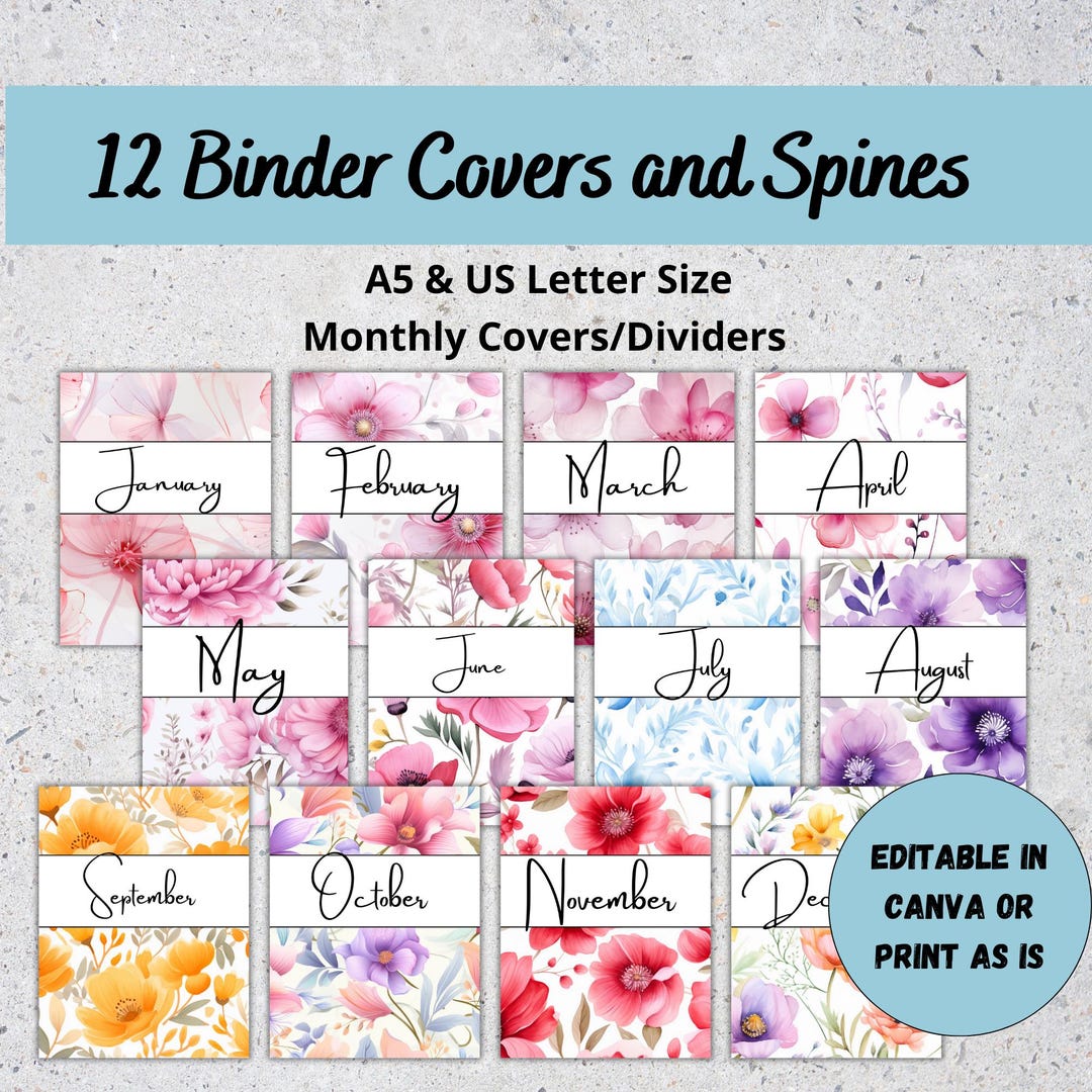 12 Editable Binder Covers and Spines, Printable Monthly Journal Pages ...