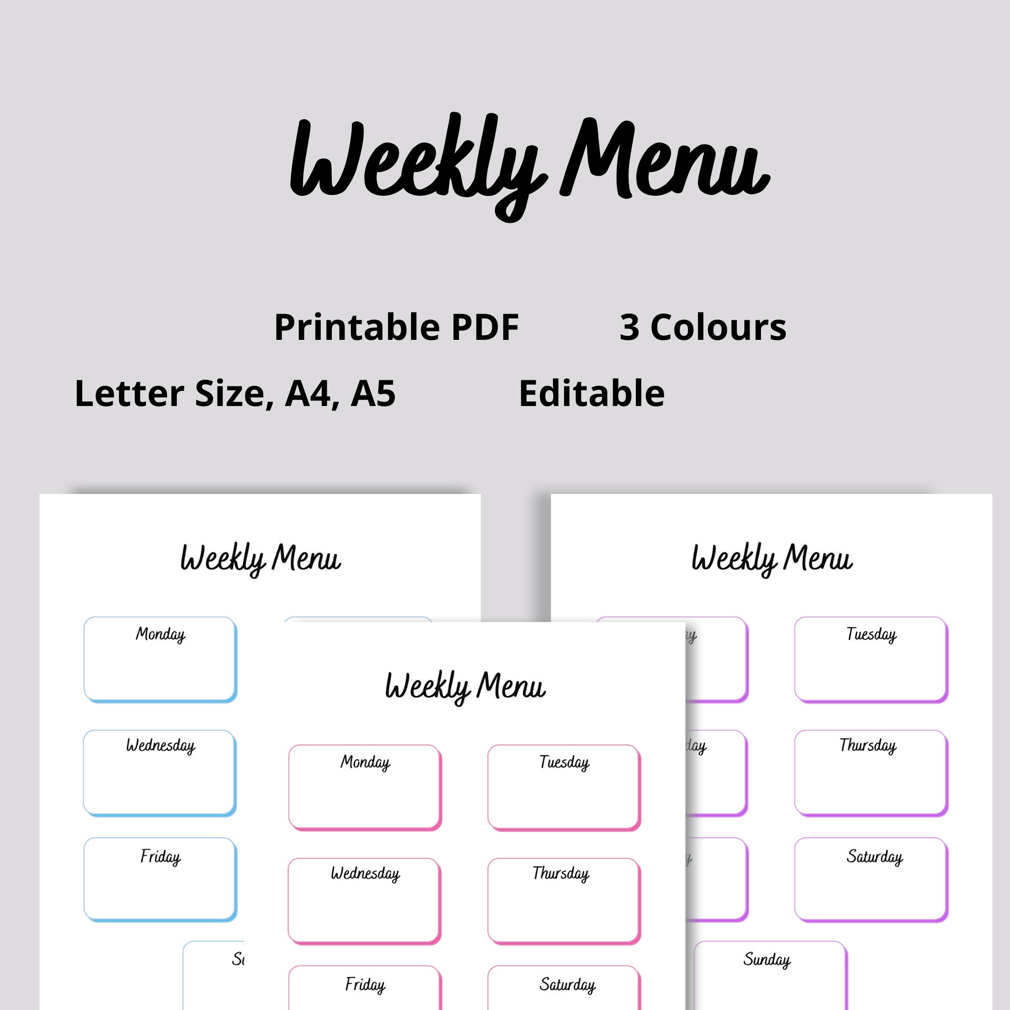 Printable PDF Weekly Meal Planner, Editable Menu Planner Template ...