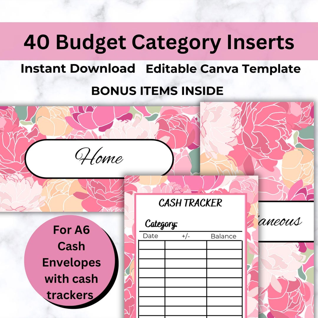 Pink Floral Printable Dashboards, Editable Budget Category Labels, Cash ...
