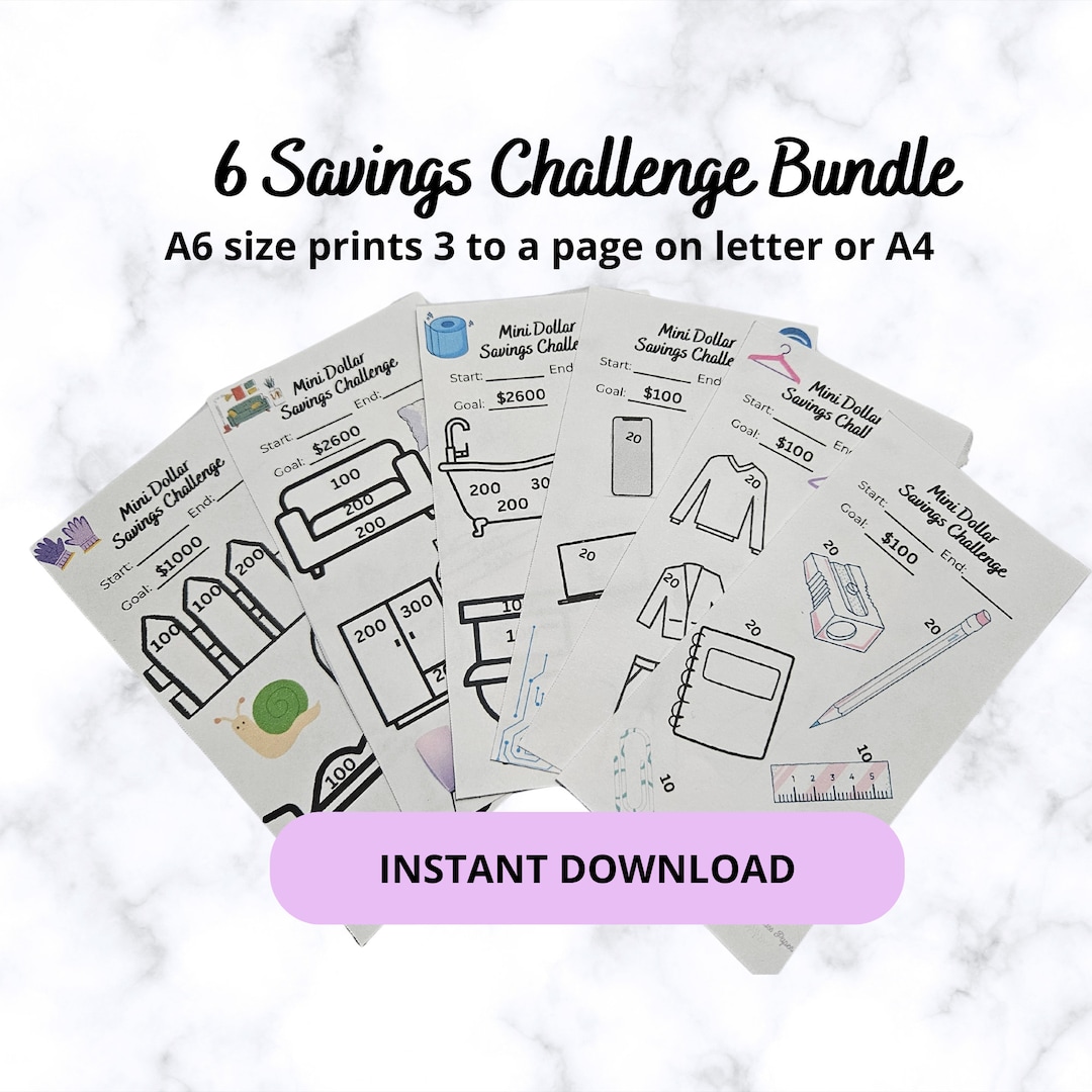 A6 Mini Savings Challenge Bundle Printable, Savings Goal Worksheet ...