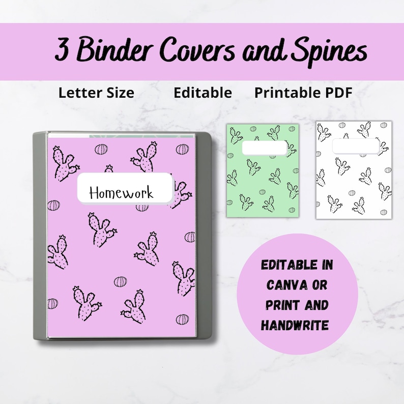 Editable Binder Cover and Spines, Cactus Pattern Divider Inserts ...