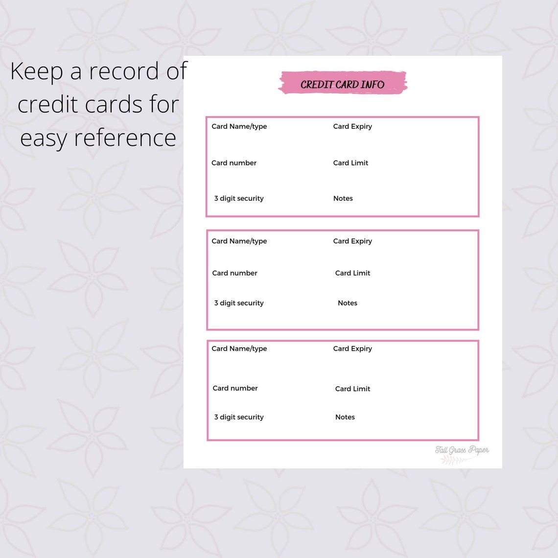 Printable Credit Card Information sheet PDF Template Home | Etsy