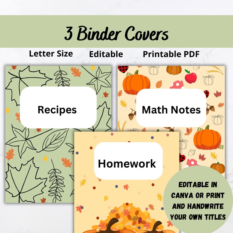 3 Fall Binder Cover Printable, Matching Binder Spines, Editable Canva ...