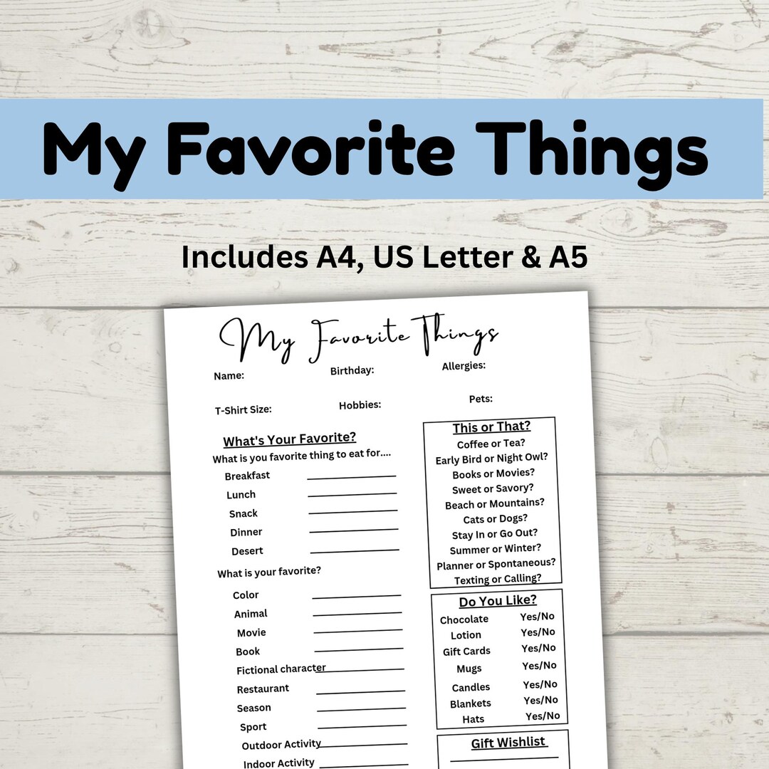 My Favorite Things List Printable, All About Me Questionnaire, Get to ...