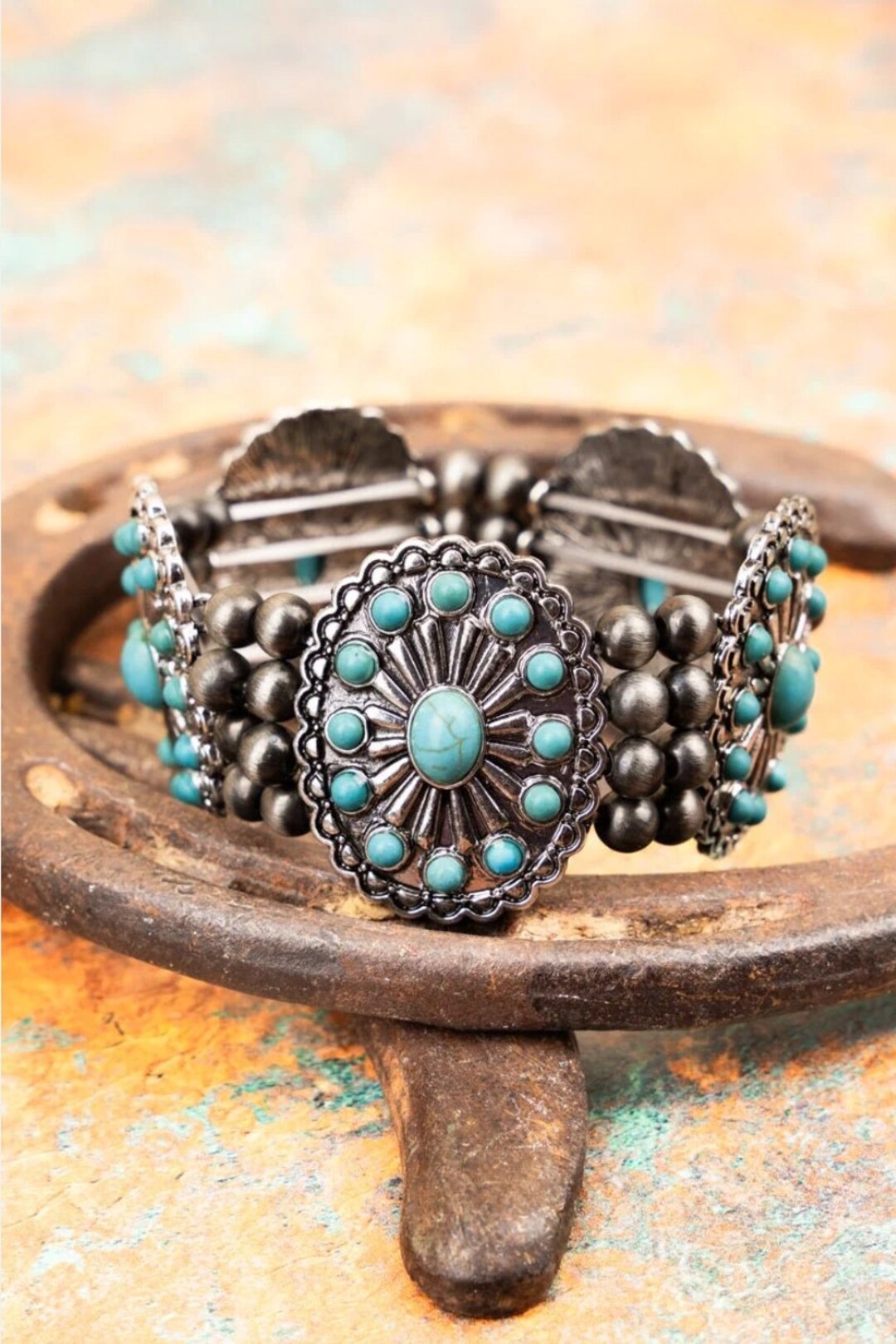 Western Turquoise Beaded Concho Stretch Bracelet - Etsy