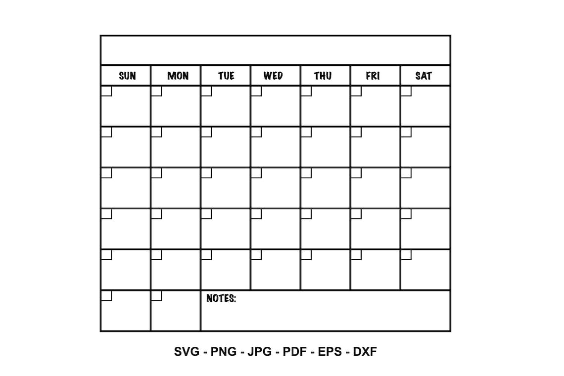 Blank Monthly Calendar SVG: Printable Planner With Notes (digital ...