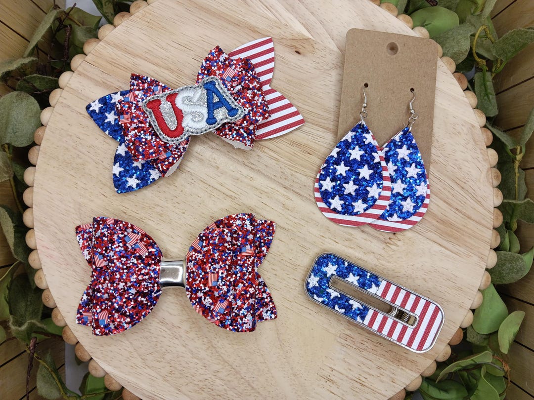 4th of July Accessories, American Flag Glitter Hair Bows, USA Feltie ...