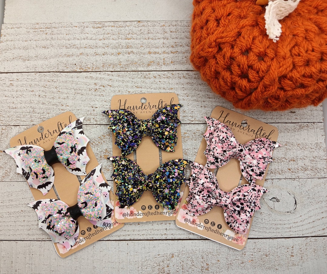 Bat Hair Bow Pigtail Set, Halloween Hair Accessories, Bat Bows on Clips ...