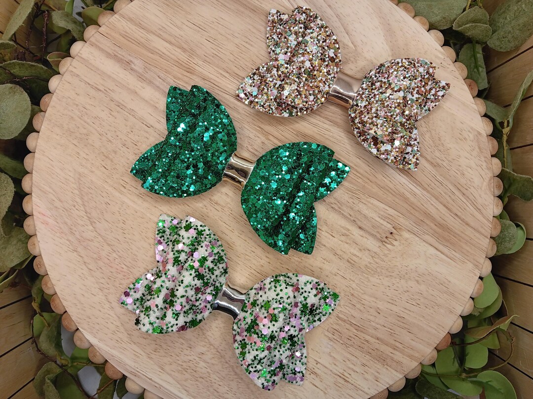St. Patrick's Day Glitter Hair Bows, Emerald Green Glitter Bow, Clover ...