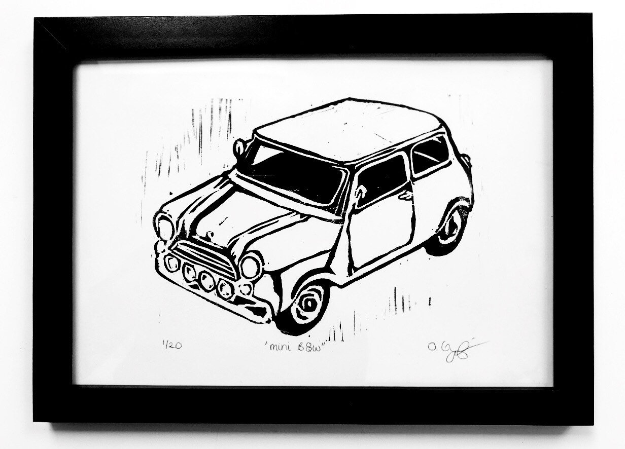 classic cars Limited edition mini black and white Lino print A4 ...
