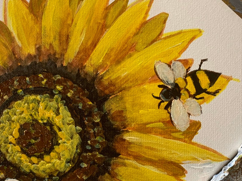 Sunflower and bee painting on stretched canvas | Etsy