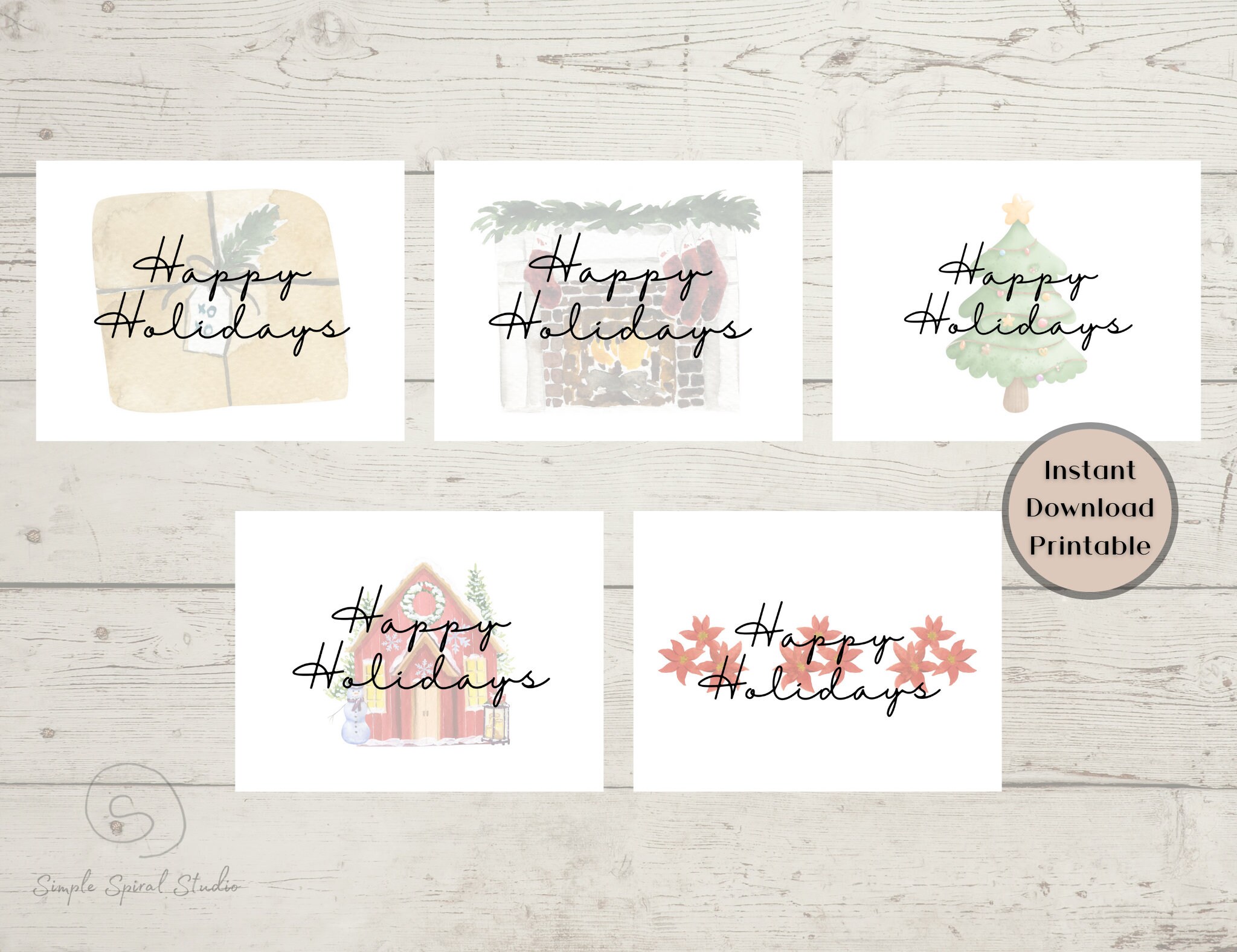 Printable Instant Download Happy Holiday Watercolor Cards Set of 10 ...