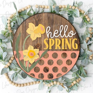 Hello Spring Door Hanger, Daffodil Porch Sign SVG, Round Flower Sign ...