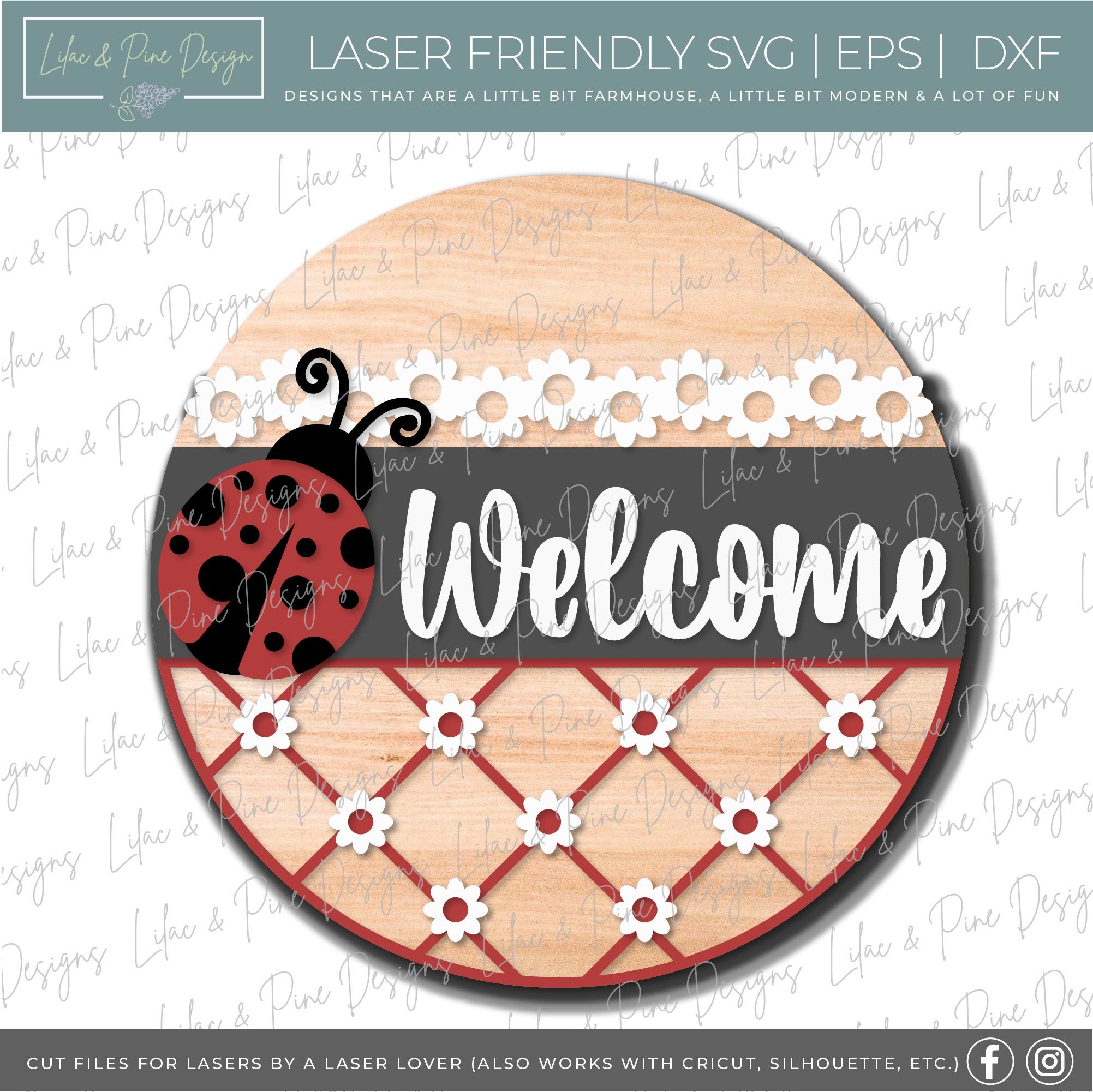 Ladybug Welcome Door Hanger SVG, Daisy Welcome Sign, Plaid and Daisy ...