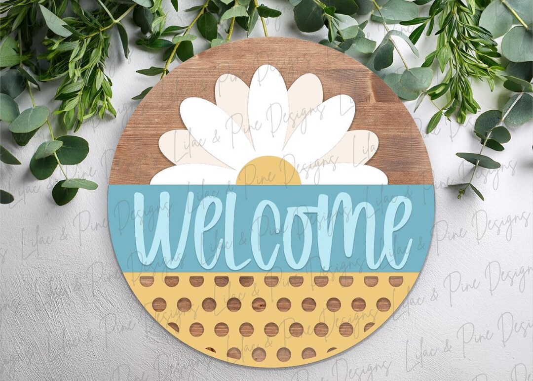 Daisy Plaid Welcome Sign, Summer Decor, Welcome SVG, Round Wood Sign ...