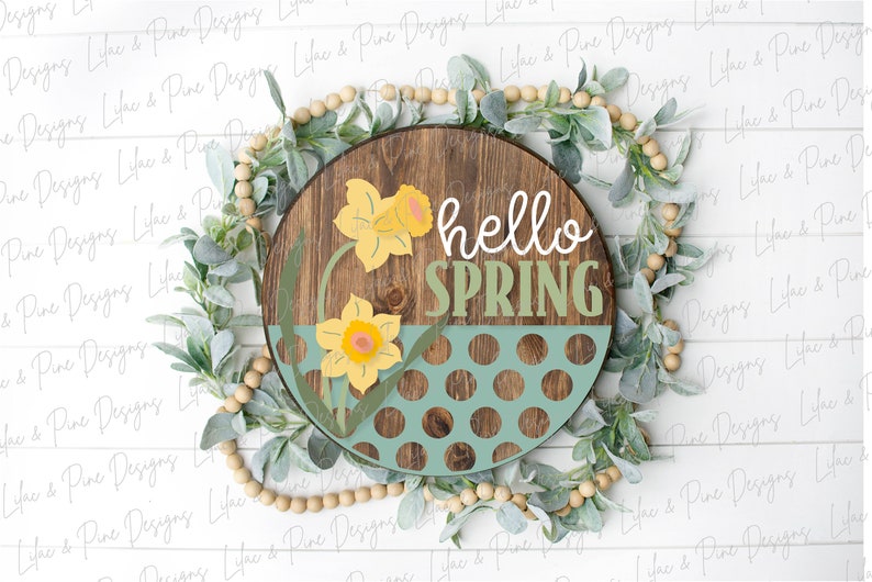 Hello Spring Door Hanger, Daffodil Porch Sign SVG, Round Flower Sign ...