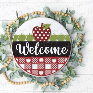 Apple Welcome Door Hanger SVG, Fall Welcome Sign SVG, Plaid Round Door ...