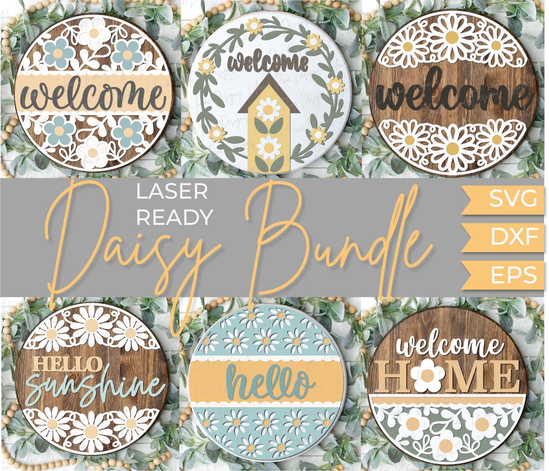 Daisy Sign Bundle, Summer Floral Door Hanger SVG, Flower Welcome Sign ...