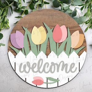 Tulip Door Hanger SVG, Spring Floral Welcome Sign SVG, Spring Flower ...