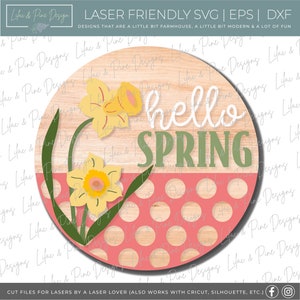 Hello Spring Door Hanger, Daffodil Porch Sign SVG, Round Flower Sign ...