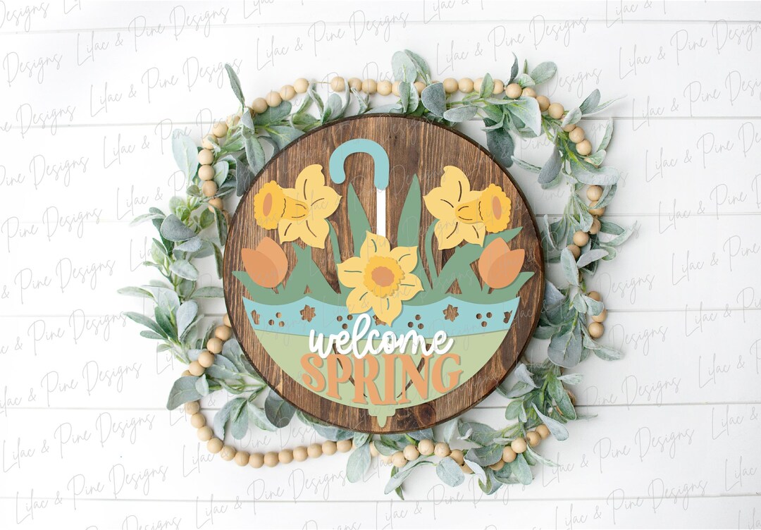 Welcome Spring Sign SVG, Tulip Door Hanger, Umbrella Welcome SVG ...