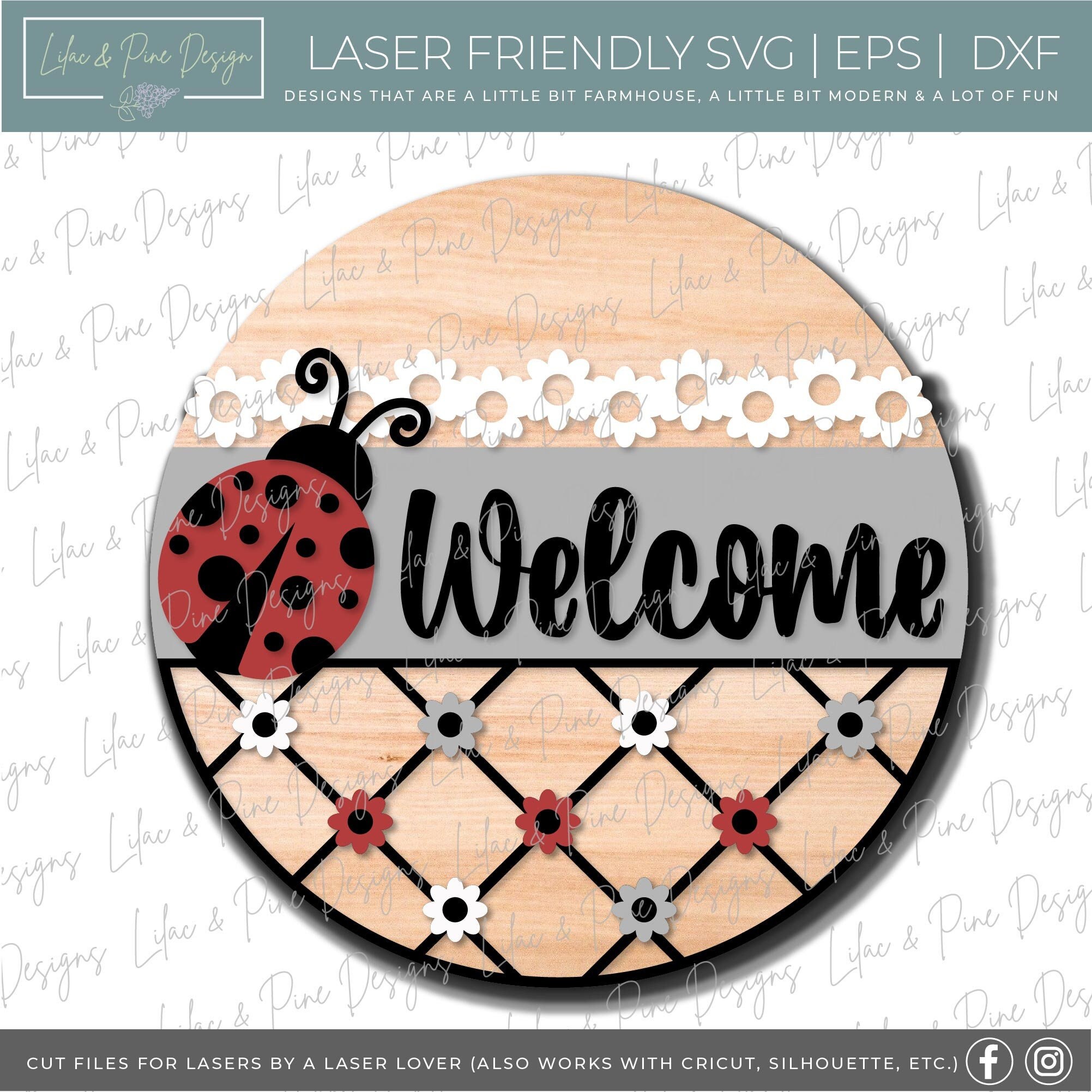 Ladybug Welcome Door Hanger SVG, Daisy Welcome Sign, Plaid and Daisy ...
