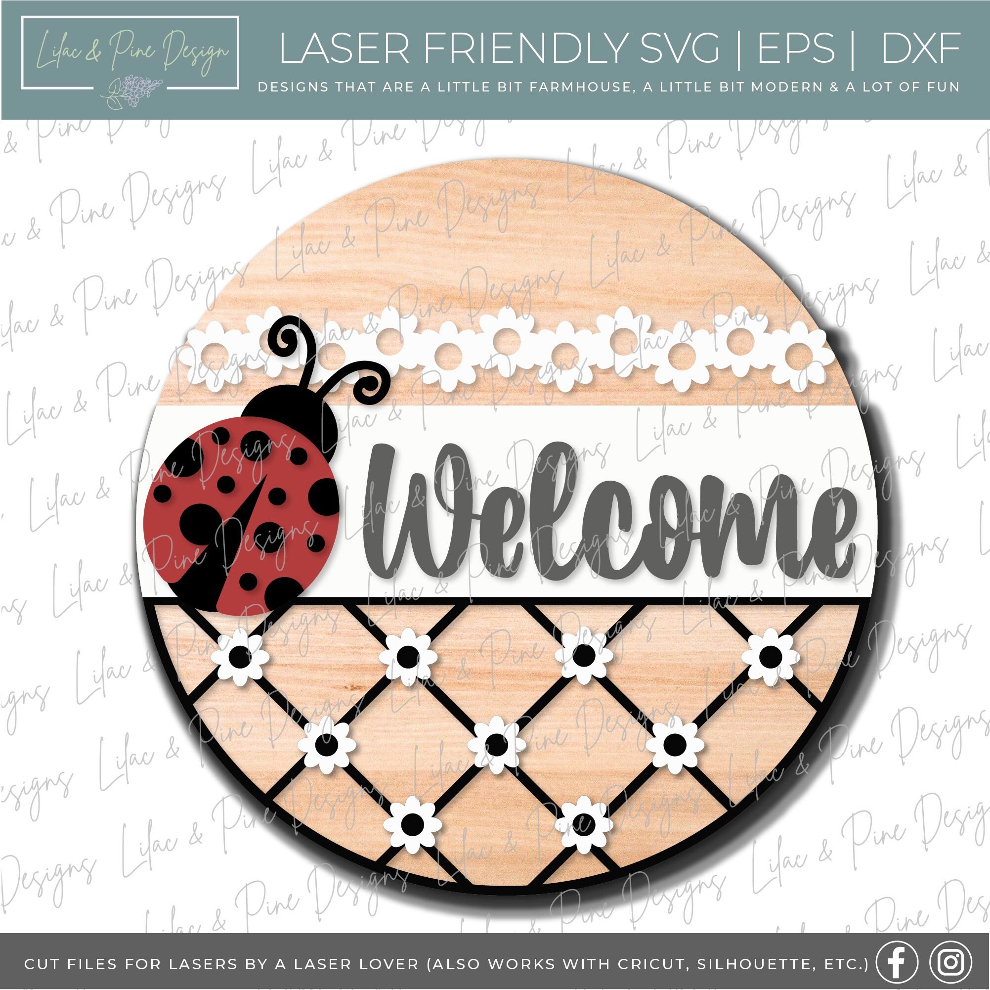 Ladybug Welcome Door Hanger SVG, Daisy Welcome Sign, Plaid and Daisy ...