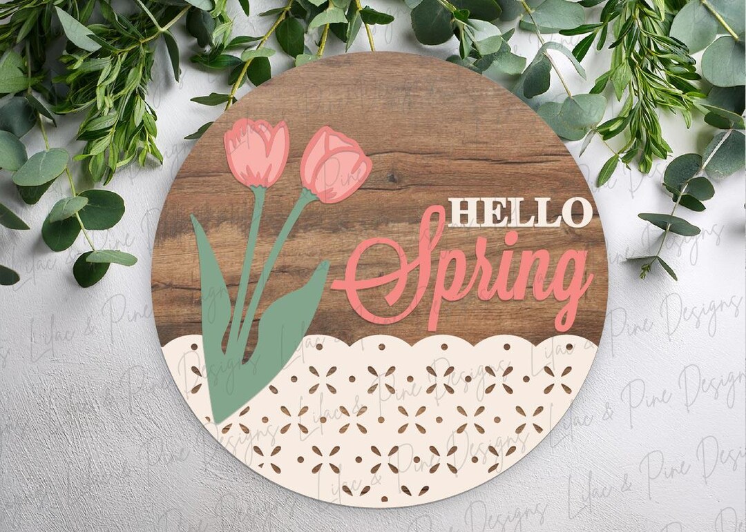 Hello Spring Door Hanger, Tulip Welcome Sign Svg, Cottage Core Spring ...