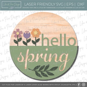 Hello Spring Door Hanger, Spring Porch Sign SVG, Round Flower Sign ...