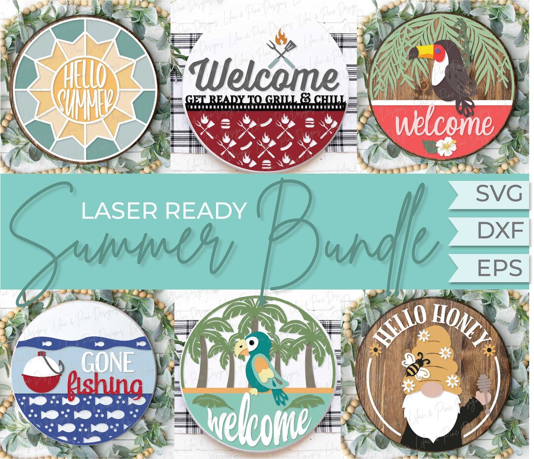 Summer Welcome Sign Bundle, Round Door Hanger Sign, Toucan SVG ...