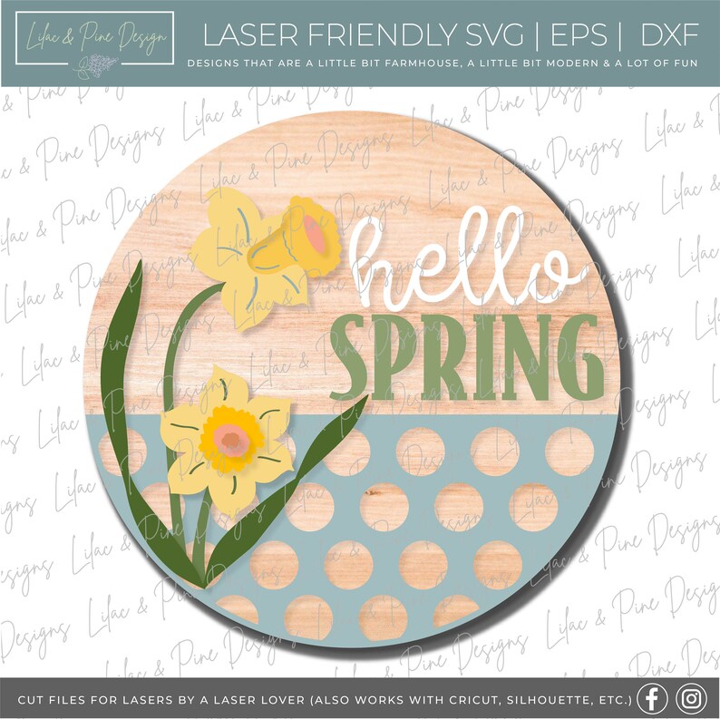 Hello Spring Door Hanger, Daffodil Porch Sign SVG, Round Flower Sign ...