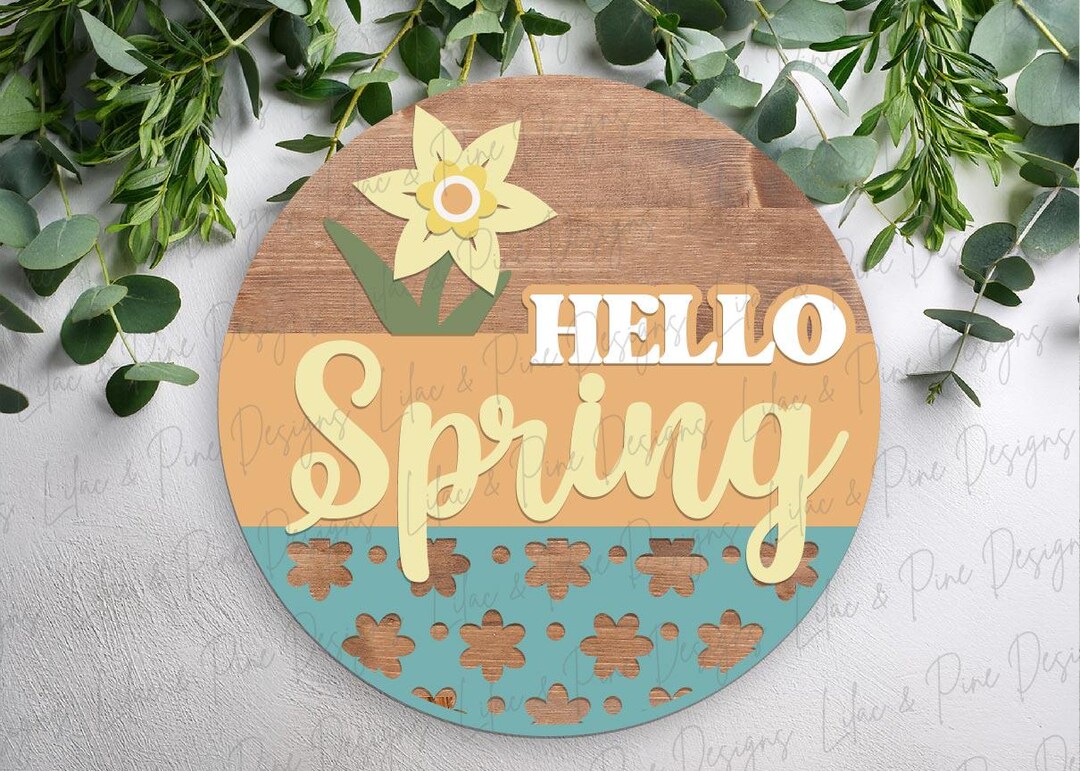 Hello Spring Door Hanger SVG, Daffodil Welcome Sign SVG, Spring Floral ...
