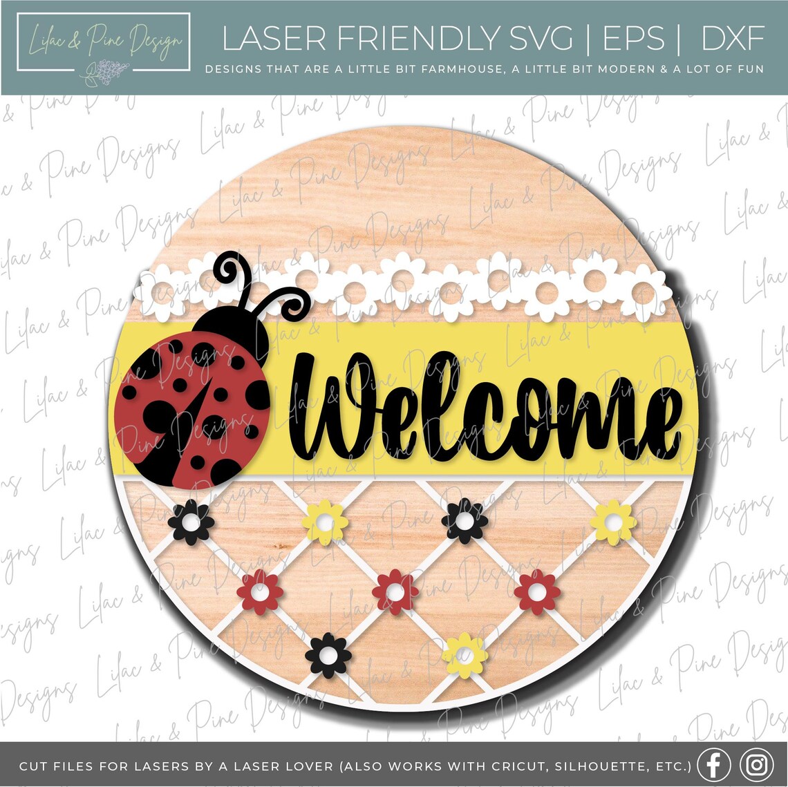 Ladybug Welcome Door Hanger SVG, Daisy Welcome Sign, Plaid and Daisy ...