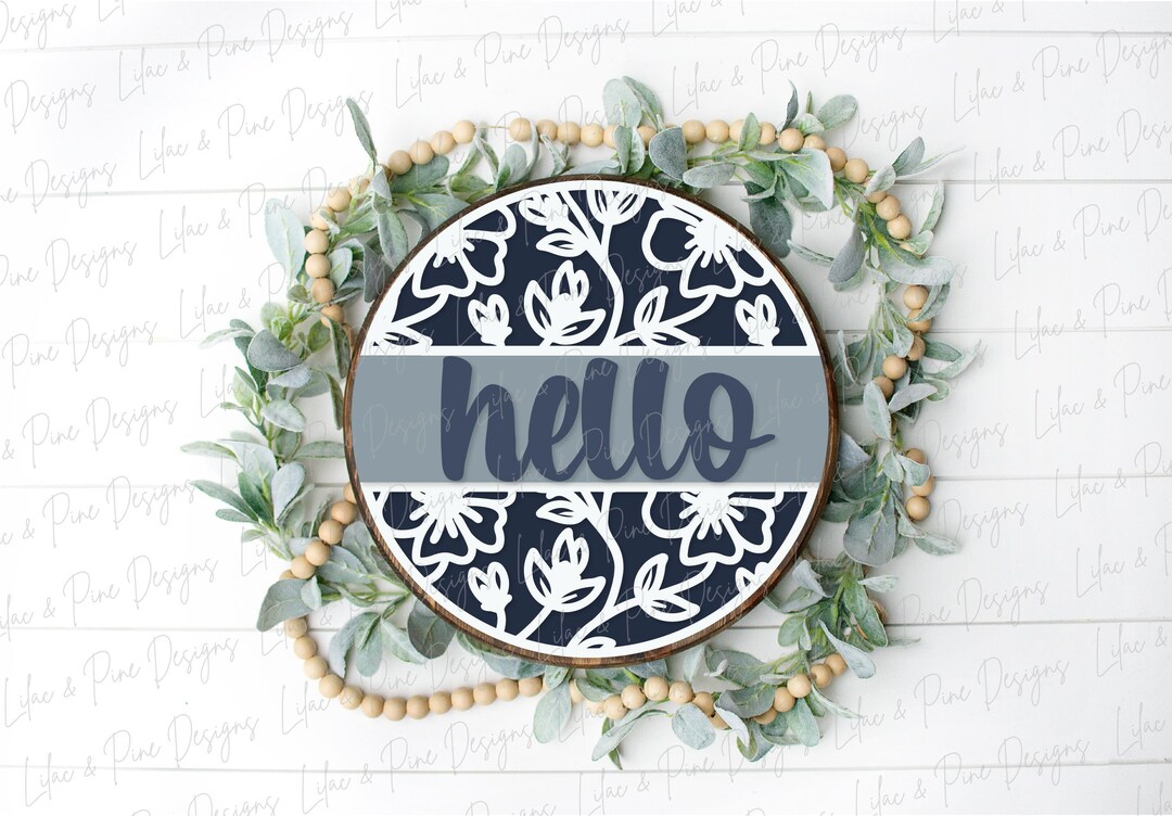 Hello Flower Sign, Floral Welcome Sign SVG, Round Door Hanger SVG ...