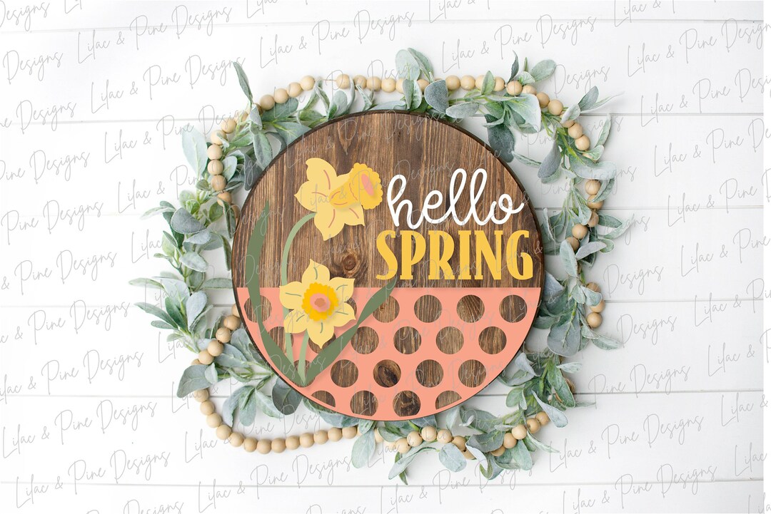 Hello Spring Door Hanger, Daffodil Porch Sign SVG, Round Flower Sign ...