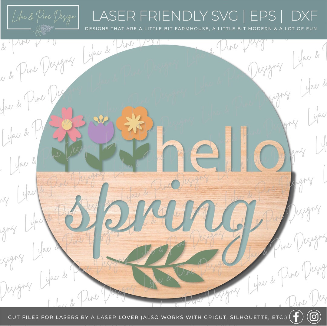 Hello Spring Door Hanger, Spring Porch Sign SVG, Round Flower Sign ...