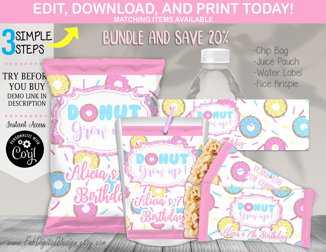 BUNDLE Donut Grow up Chip Bag Rice Krispie Water Bottle Juice Pouch ...