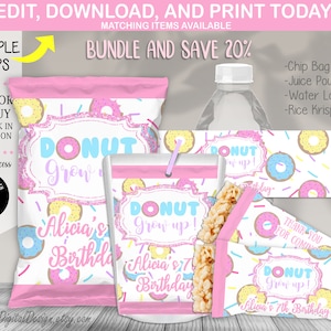BUNDLE Donut Grow up Chip Bag Rice Krispie Water Bottle Juice Pouch ...