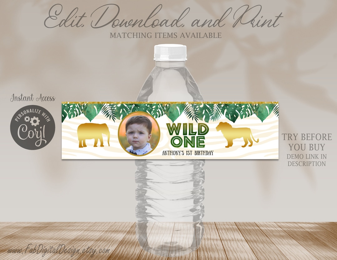 Editable Jungle Wild One Water Bottle Labels Gold Animals Safari ...