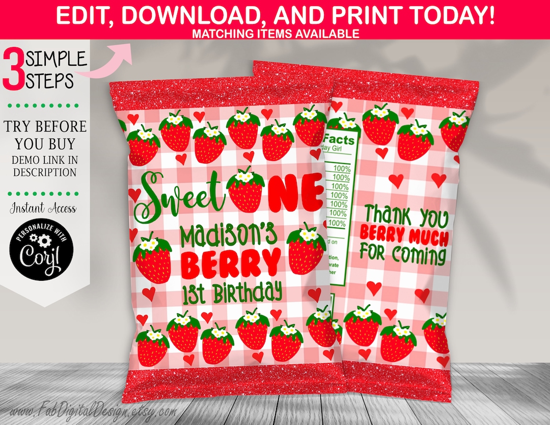 Editable Berry Sweet One First Birthday Chip Bag Berry 1st Birthday ...