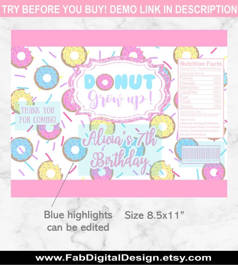 Editable Donut Grow up Chip Bag Personalized Doughnut Birthday Party ...