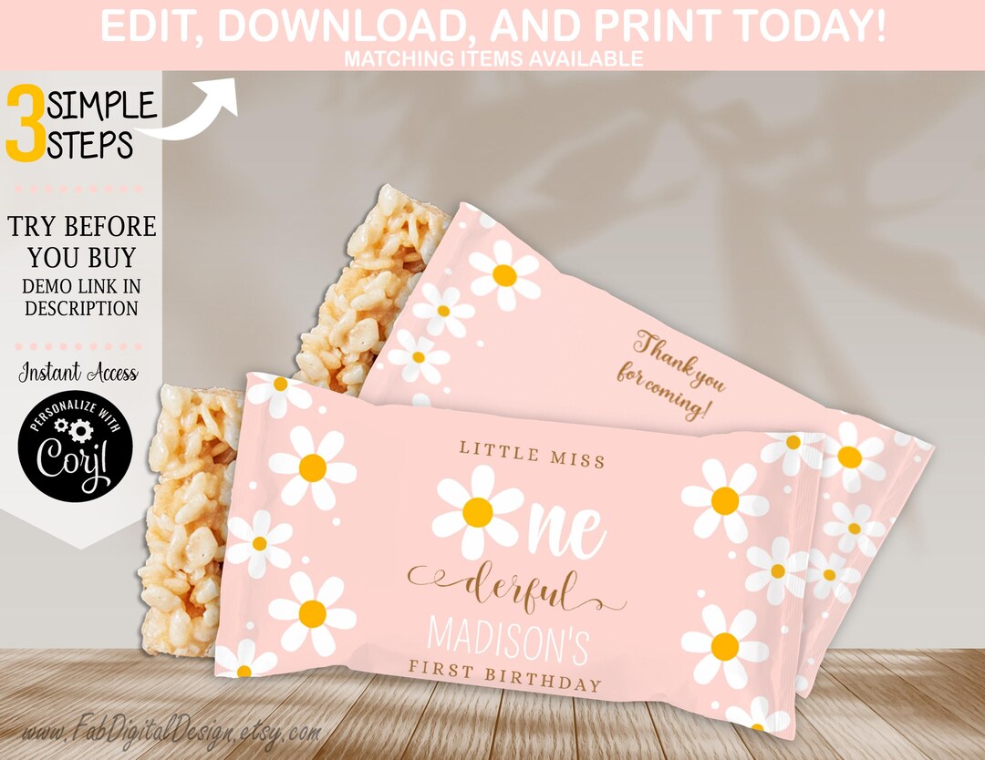 Editable Boho Daisy Rice Krispie Retro Daisy 1st Birthday Girl Rice ...