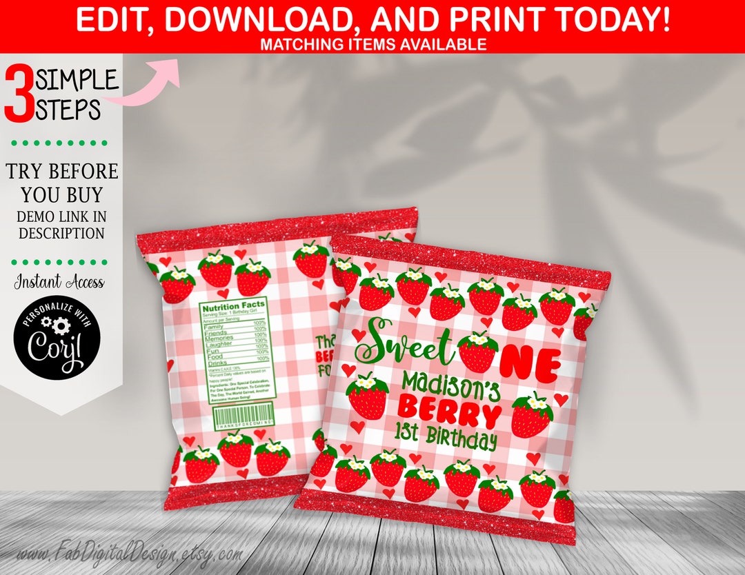 Editable Berry Sweet One First Birthday Fruit Snack Strawberry Party ...