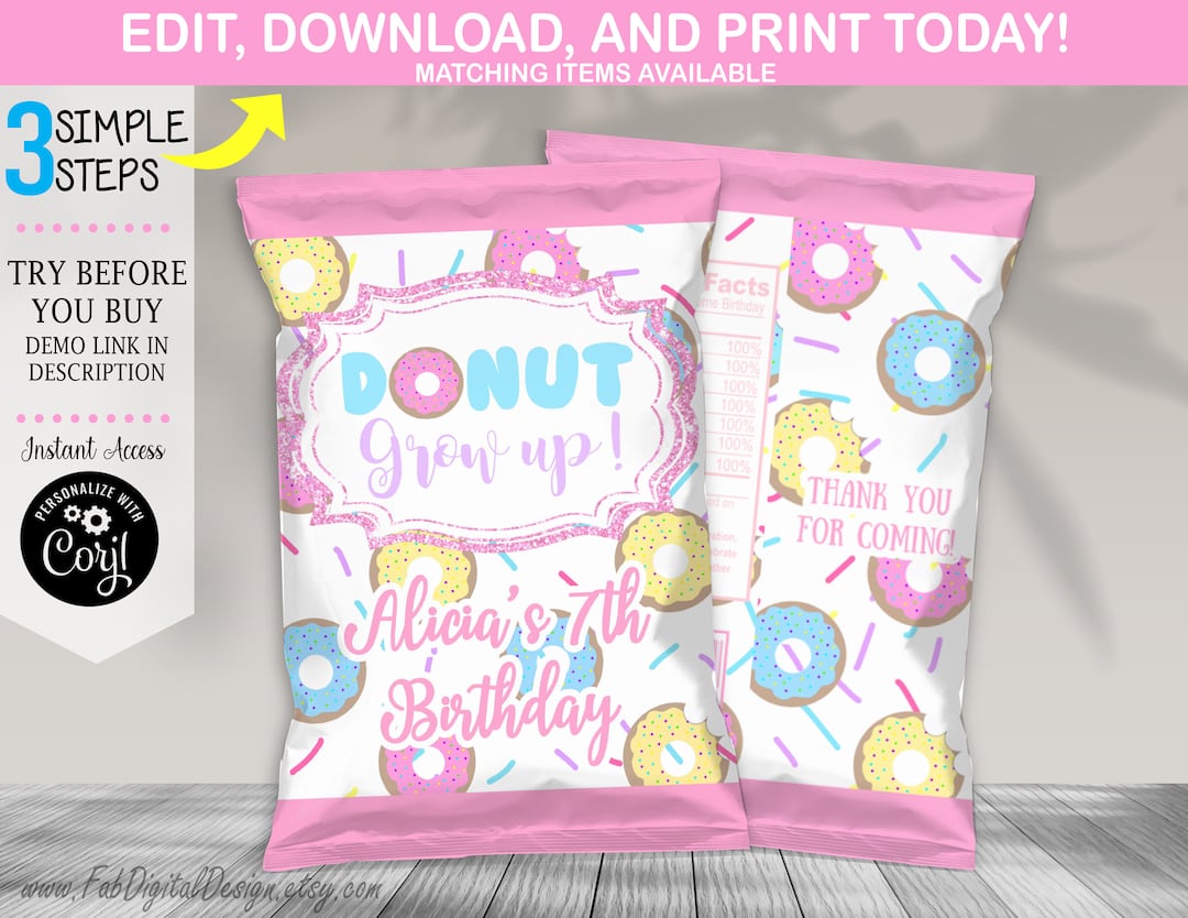 Editable Donut Grow up Chip Bag Personalized Doughnut Birthday Party ...
