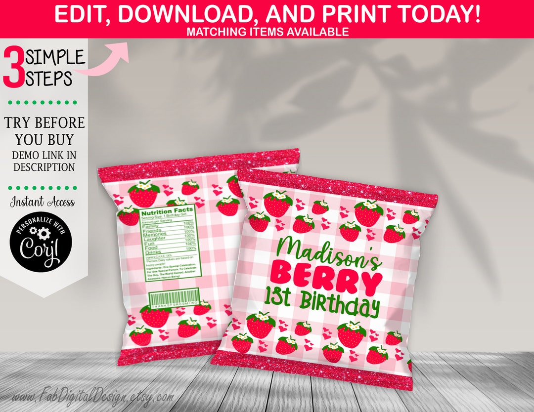 Editable Berry First Birthday Fruit Snack Strawberry Party Favors Fruit ...
