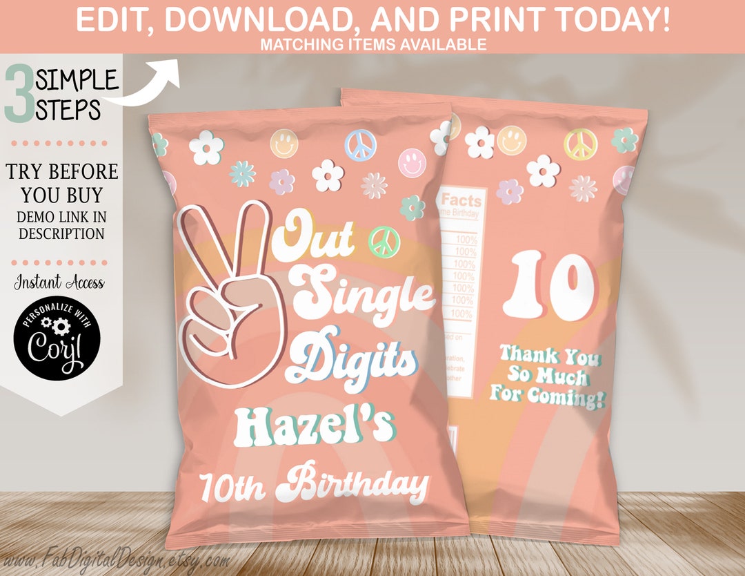 Editable Peace Out Single Digits Chip Bag Fall Groovy 10th Birthday ...