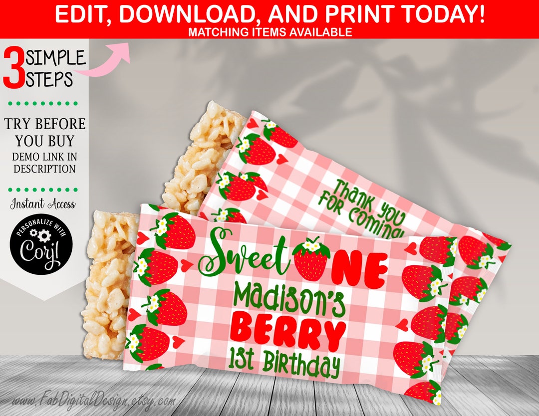 Editable Berry Sweet One First Birthday Rice Krispie Wrapper Berry 1st ...