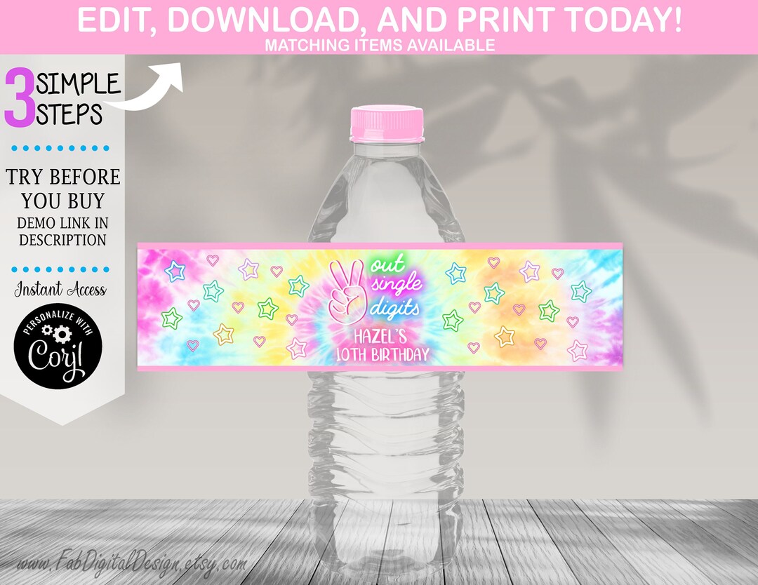 Editable Peace Out Single Digits Water Bottle Labels Tie Dye Groovy ...