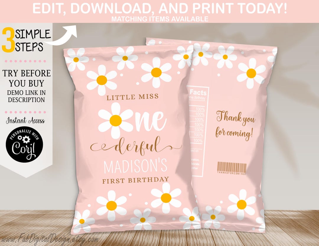 Editable Boho Daisy Chip Bag Retro Daisy 1st Birthday Girl Chip Bag ...