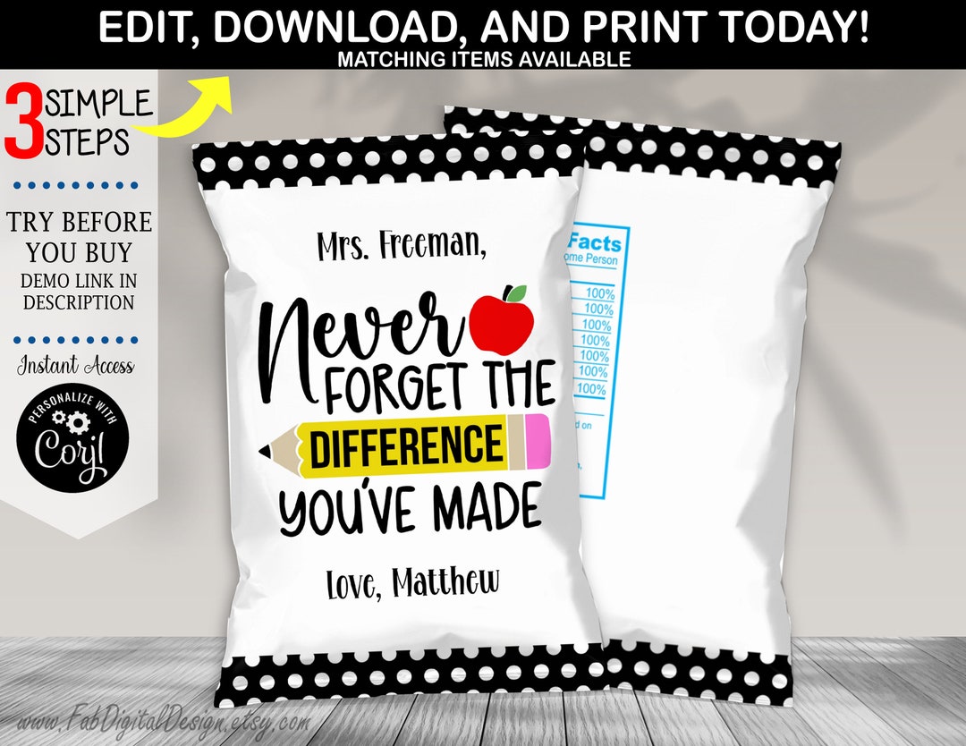 Editable Teacher Appreciation Gift Chip Bag Wrapper Printable Teacher ...